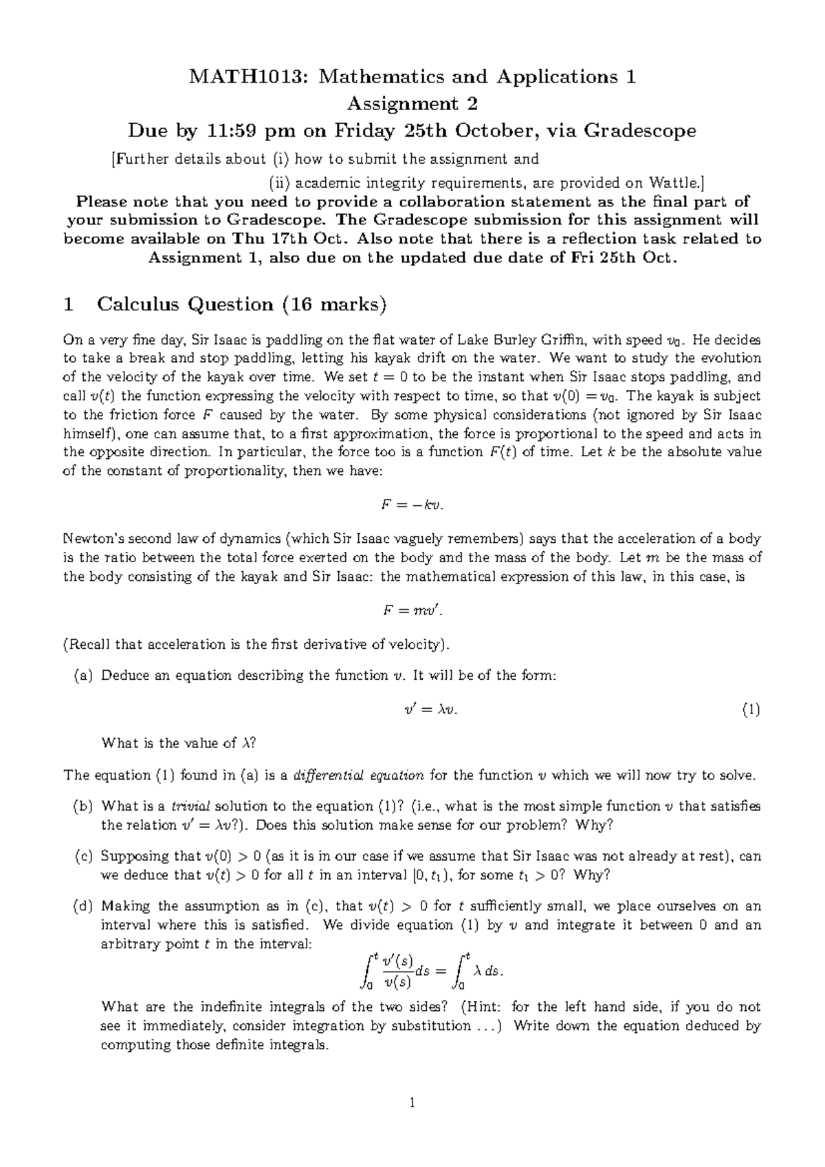 MATH1013 2024S2 Assignment 2 - MATH1013: Mathematics and Applications 1 Assignment 2 Due by 11: ...