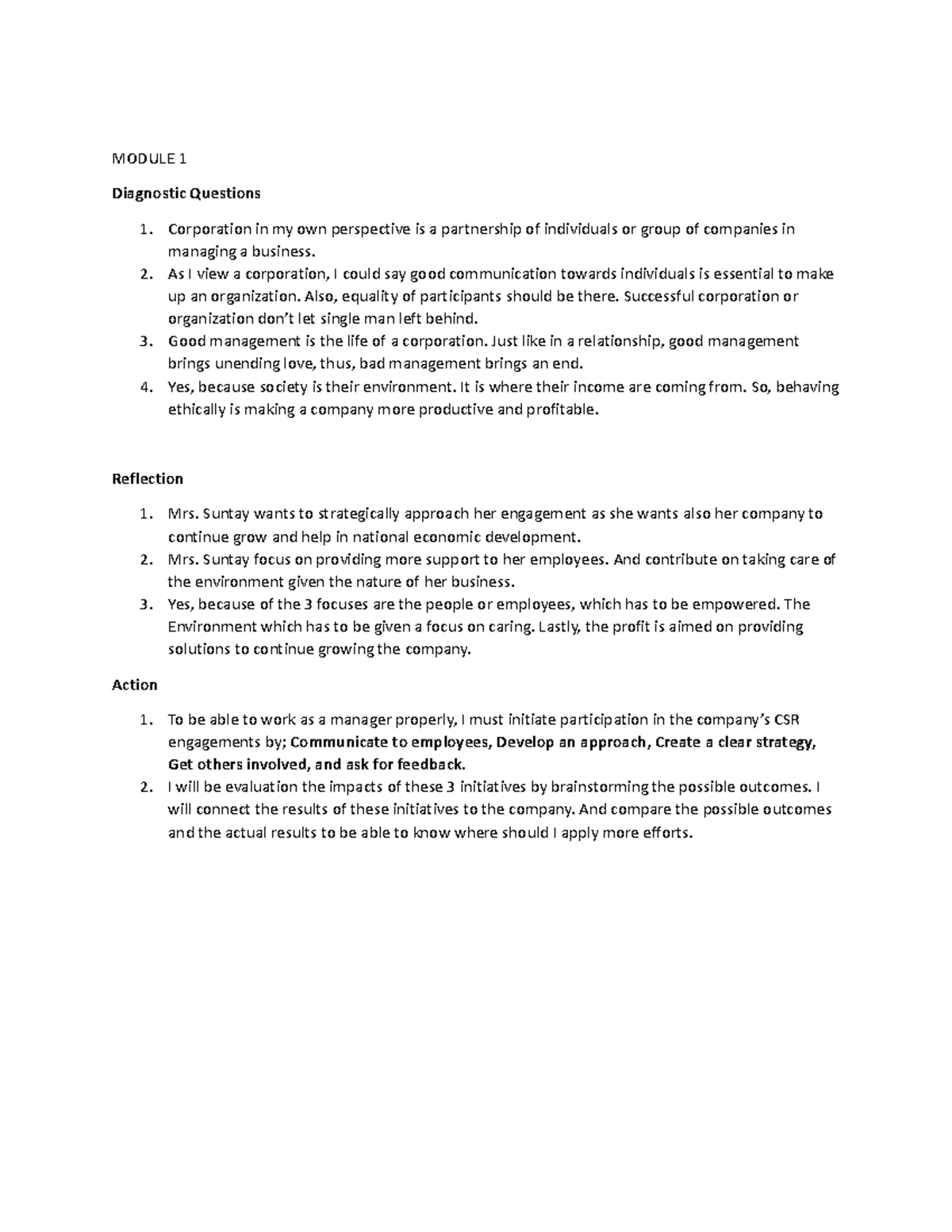 Mod 2 - reviewer - MODULE 1 Diagnostic Questions Corporation in my own ...