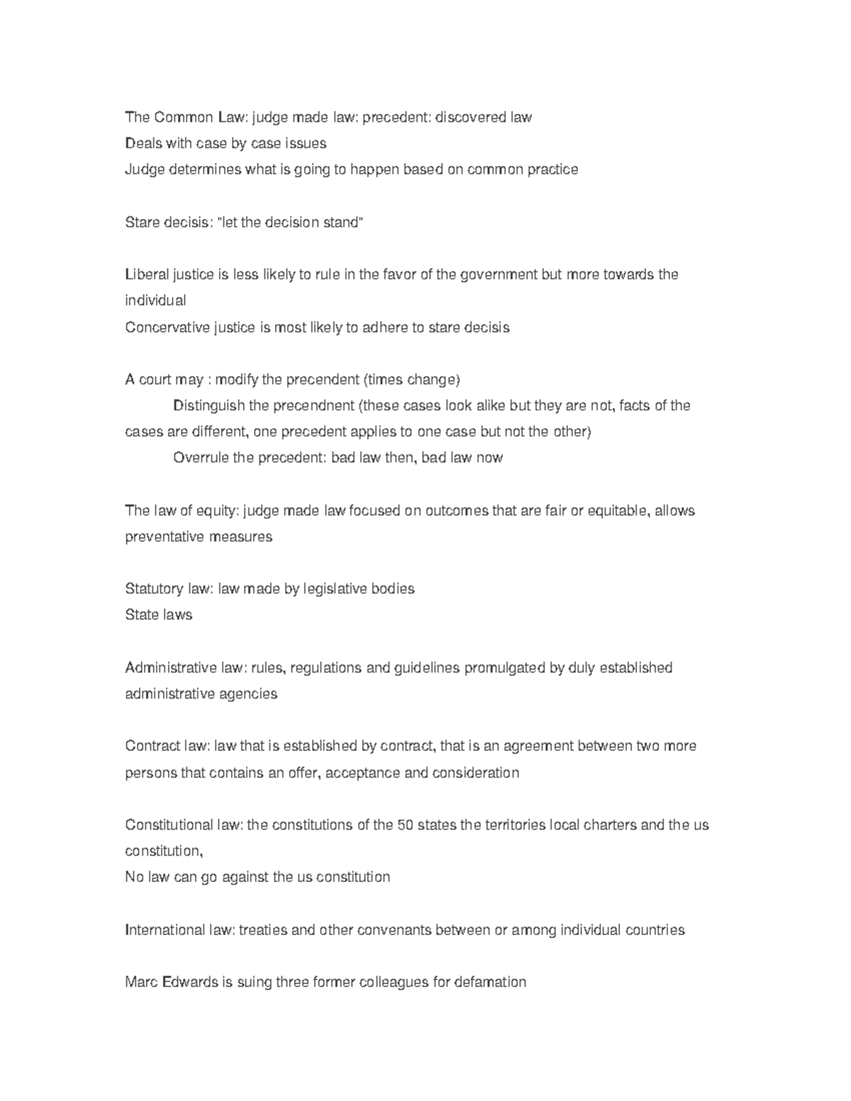 Comm law notes - For Hopkins - The Common Law: judge made law ...