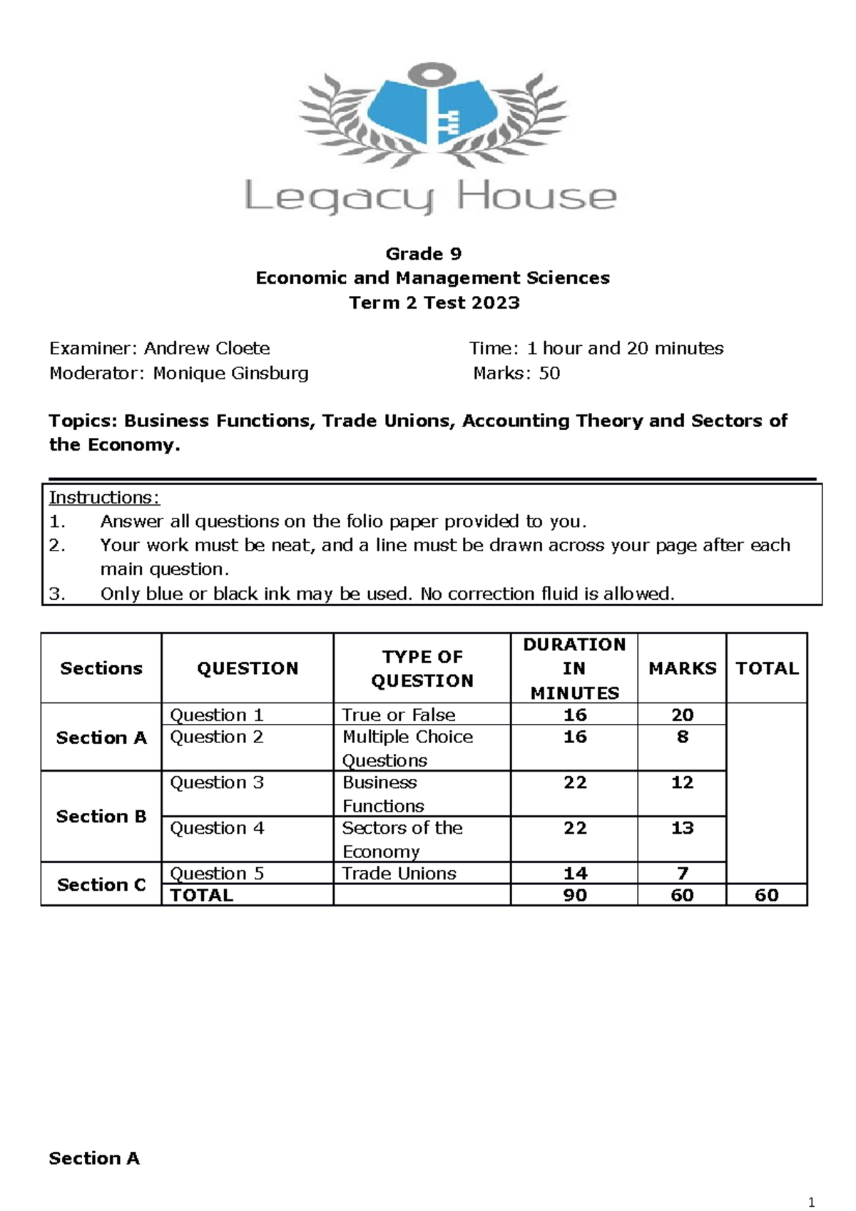 TERM 2 Grade 9 EMS TEST - none - Grade 9 Economic and Management ...