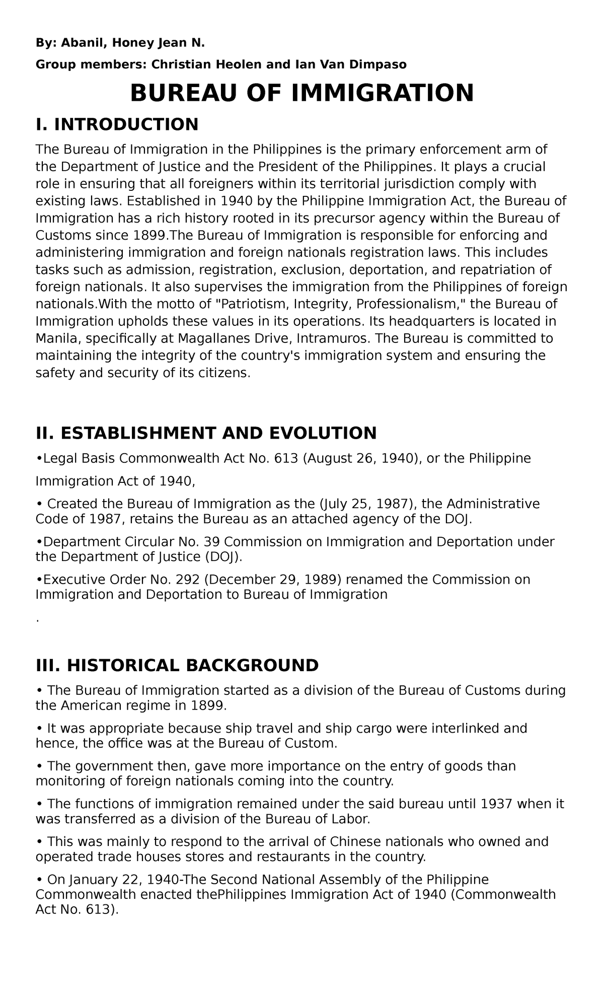Written Report ( Bureau OF Immigration) - By: Abanil, Honey Jean N ...