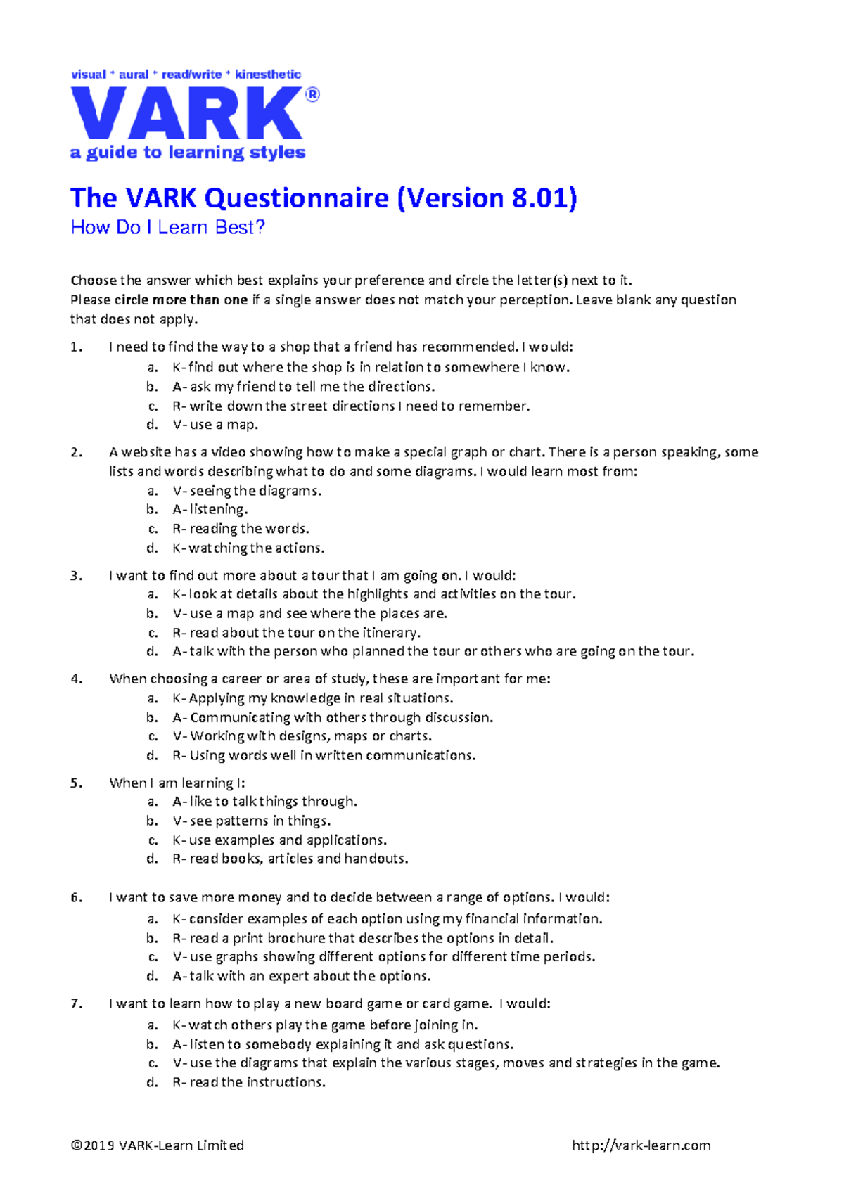 The-VARK-Questionnaire - ©2019 VARK-Learn Limited vark-learn The VARK ...