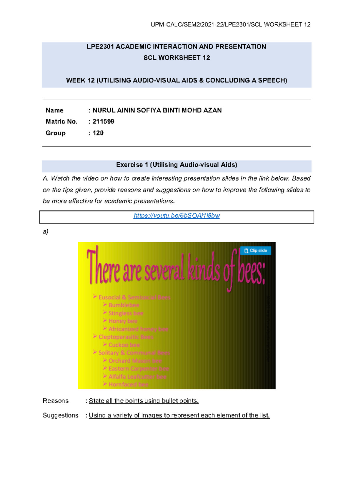 Scl Worksheet 12 Lpe2301 Academic Interaction And Presentation Scl