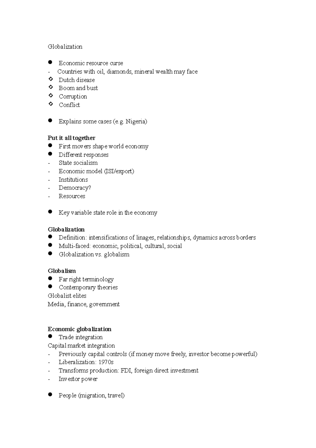 Globalization - PSC 1001 notes - Globalization Economic resource curse ...
