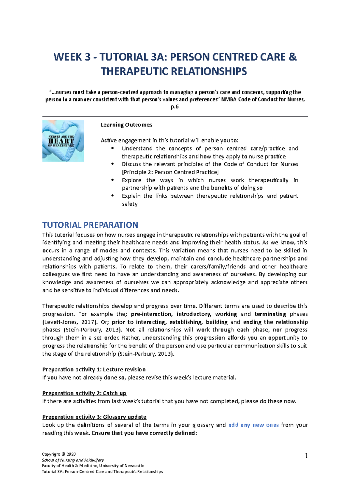 Week 3-Tutorial 3A-Nursing - WEEK 3 - TUTORIAL 3A: PERSON CENTRED CARE ...