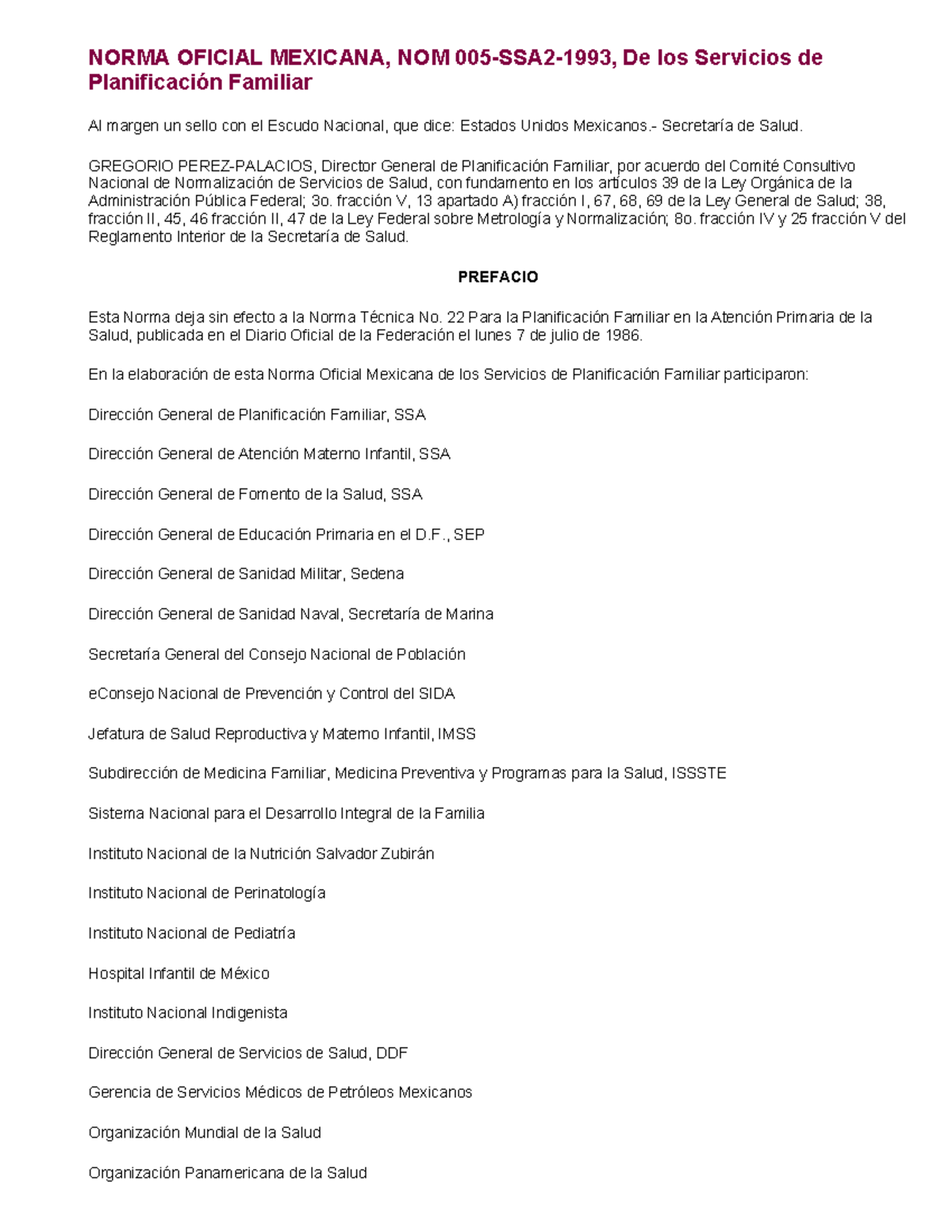 NOM-005-SSA2-1993 Planificación Familiar - NORMA OFICIAL MEXICANA, NOM 005-SSA2-1993, De los ...