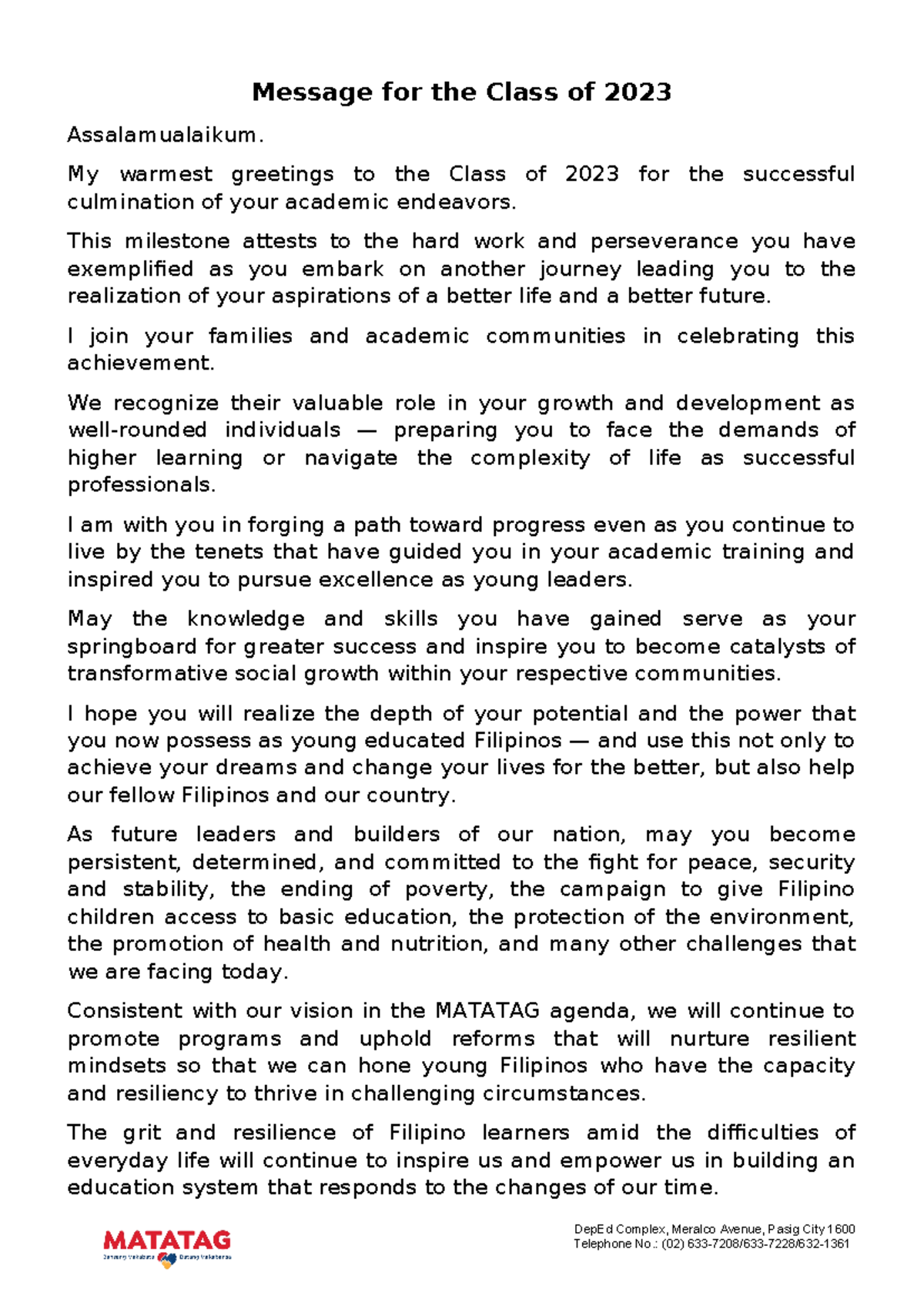 Message for the Class of 2023 - My warmest greetings to the Class of ...
