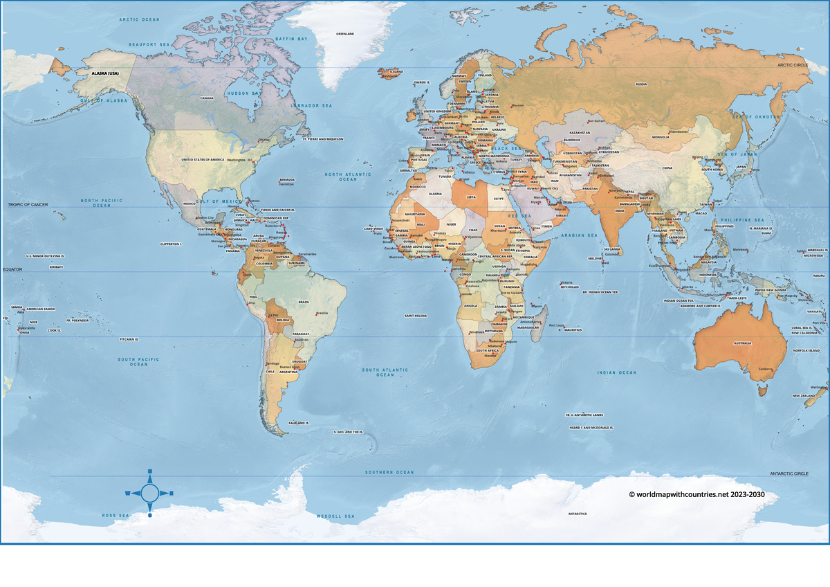 World map with country capitals - ARCTIC OCEAN GREENLAND BAFFIN BAY ...