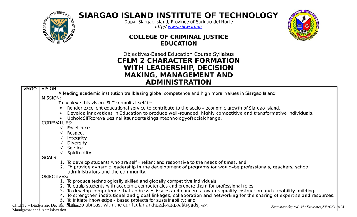 CFLM 2 – Leadership syllabus - SIARGAO ISLAND INSTITUTE OF TECHNOLOGY Dapa, Siargao Island ...