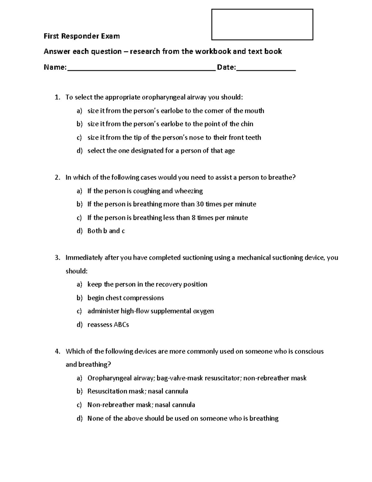 FR preclass BFR 2021 - First Responder Exam Answer each question ...