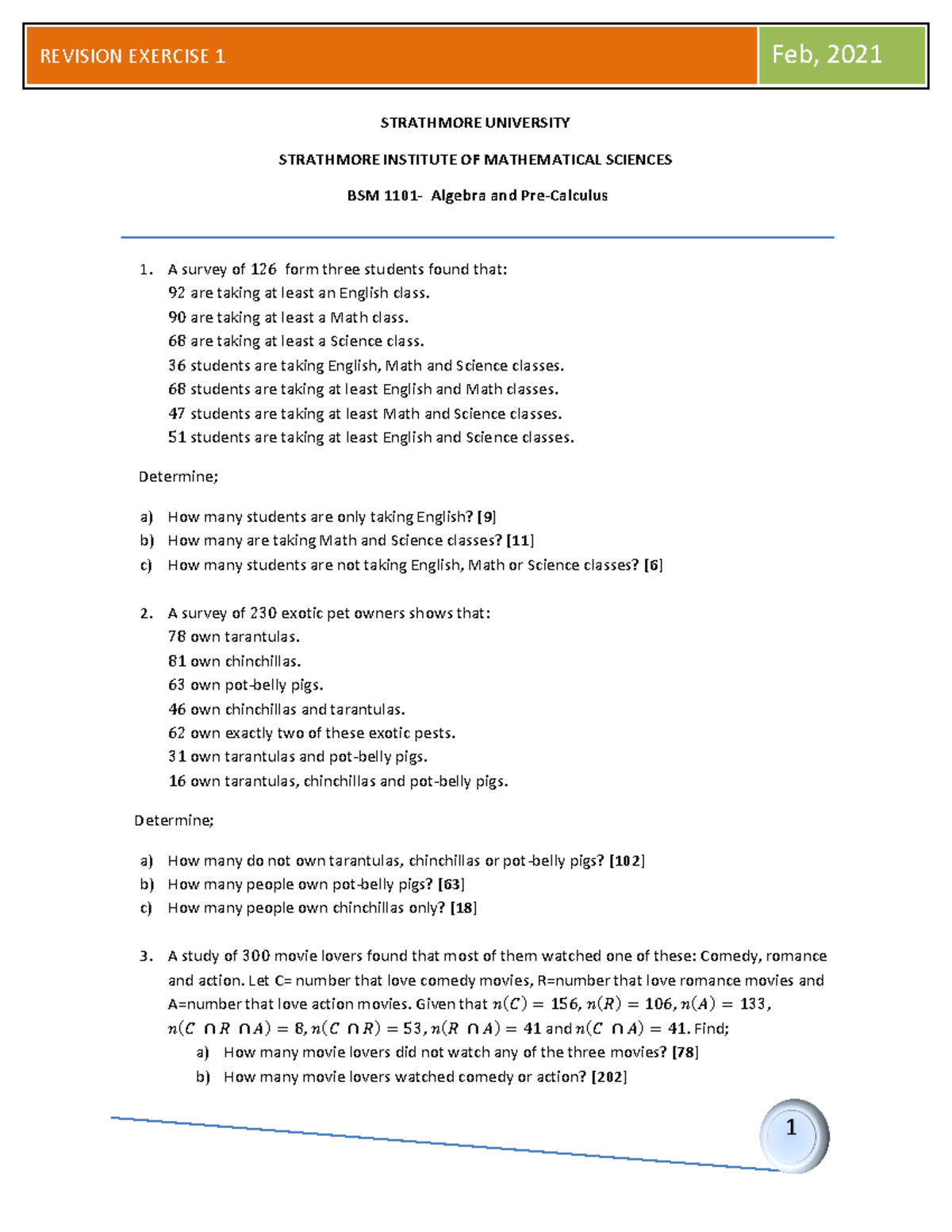 Revision set 1a - Basic introduction to sets - REVISION EXERCISE 1RR ...