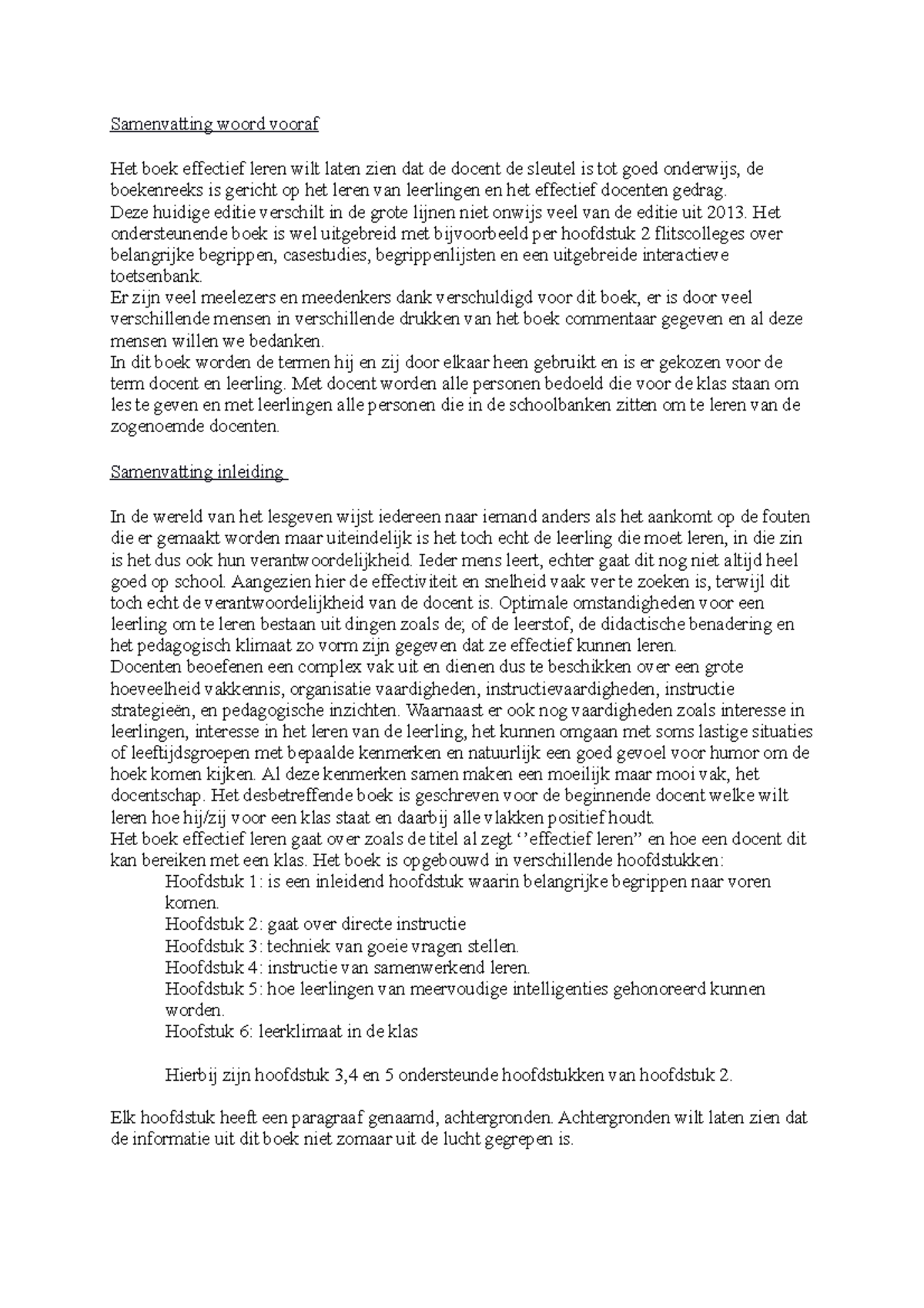 Samenvatting H1+inleiding en woord vooraf - effectief leren - Samenvatting woord vooraf Het boek ...