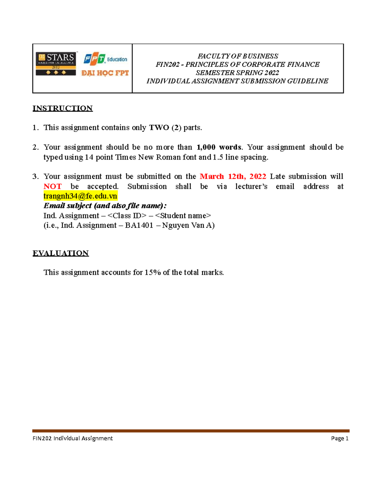 FIN202 - Individual assignment changchangedit - Corporate Finance - FPT - Studocu