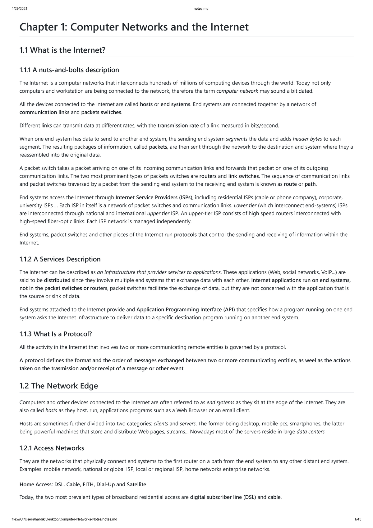 Notes - Chapter 1: Computer Networks and the Internet 1 What is the ...