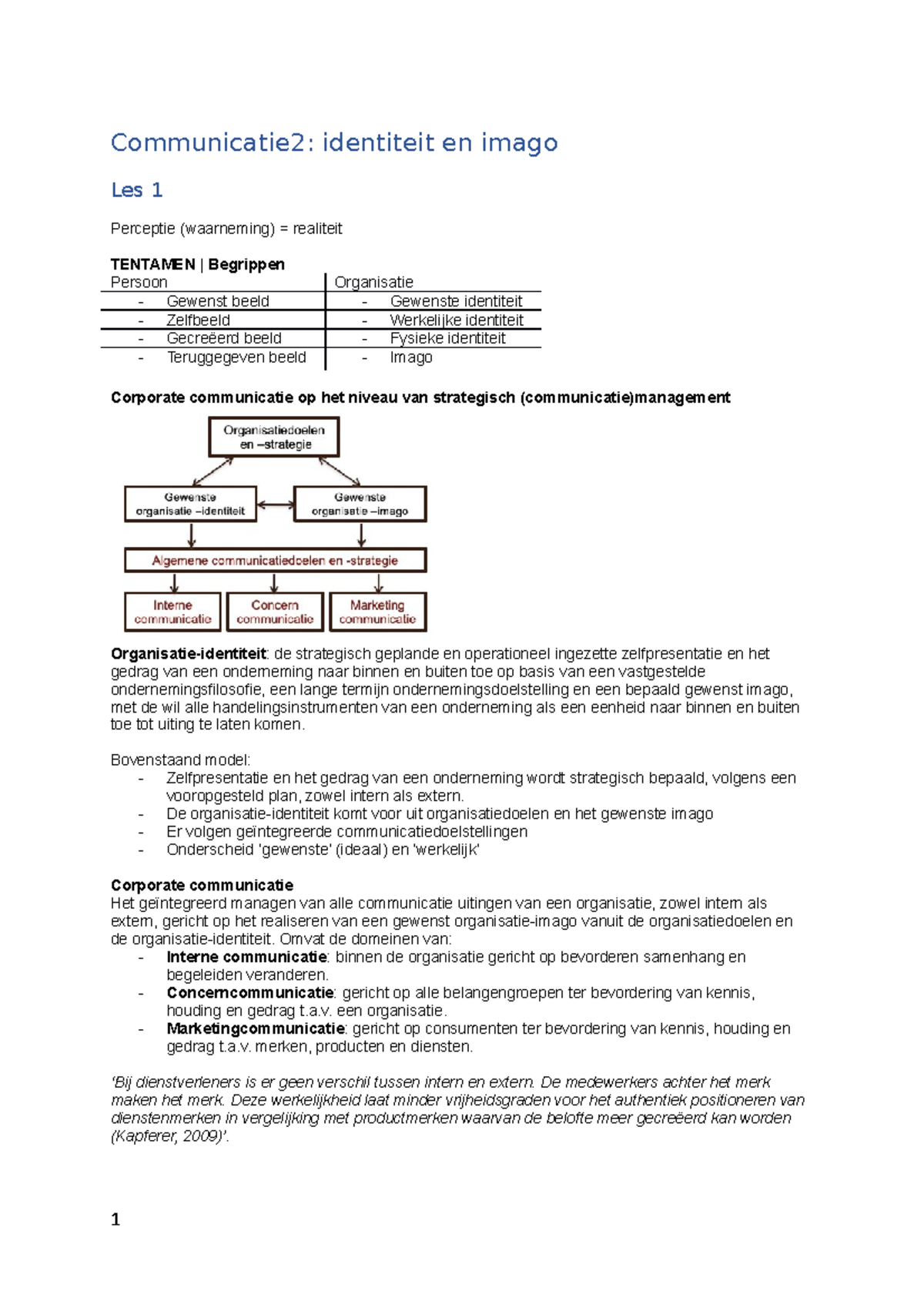 Communicatie 2: identiteit & imago - aantekeningen tentamenstof ...