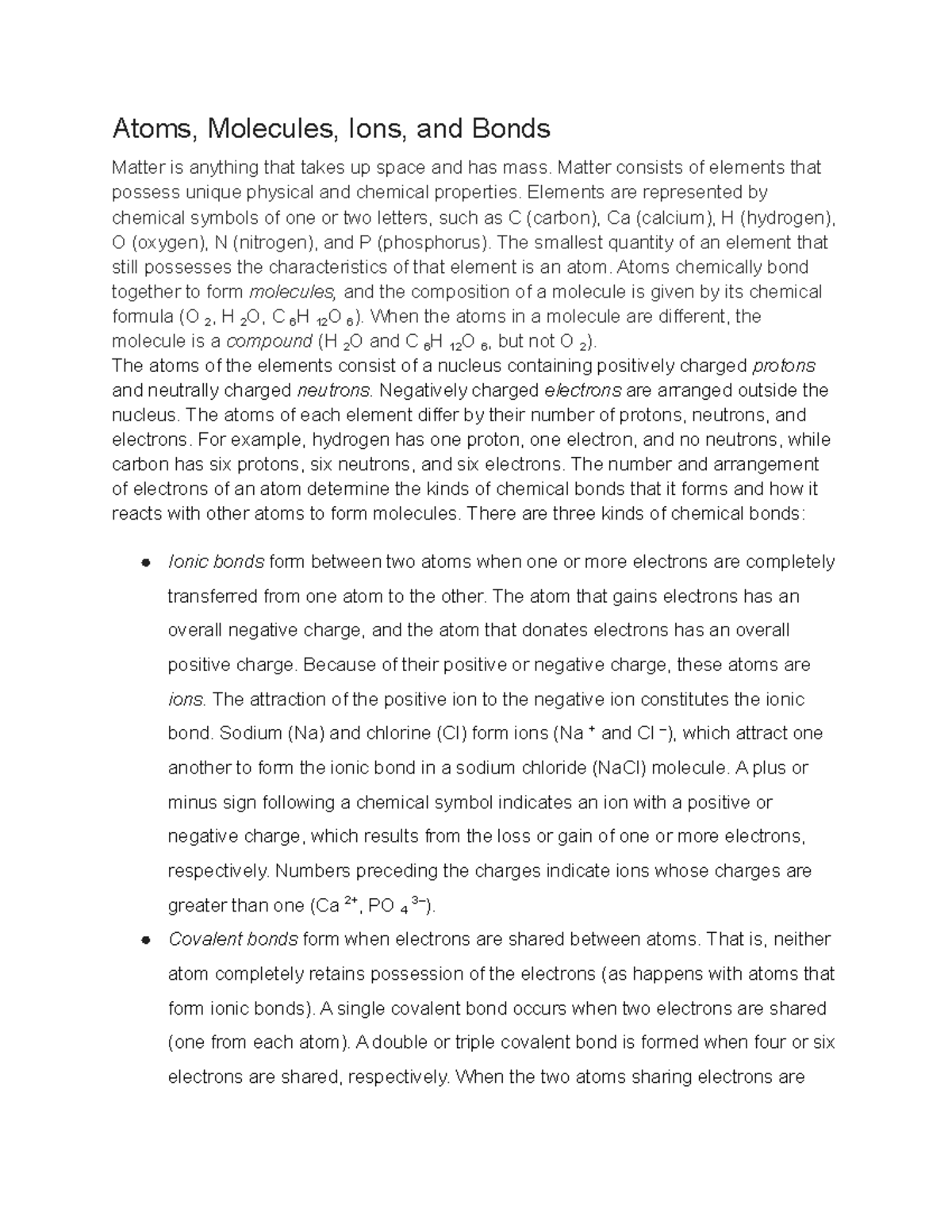 Atoms, Molecules, Ions, and Bonds - Matter consists of elements that ...