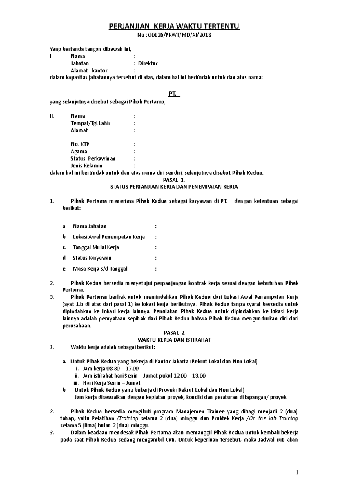 Perjanjian Kerja Waktu Tertentu - PERJANJIAN KERJA WAKTU TERTENTU No : 00126/PKWT/MD/XI/ Yang ...