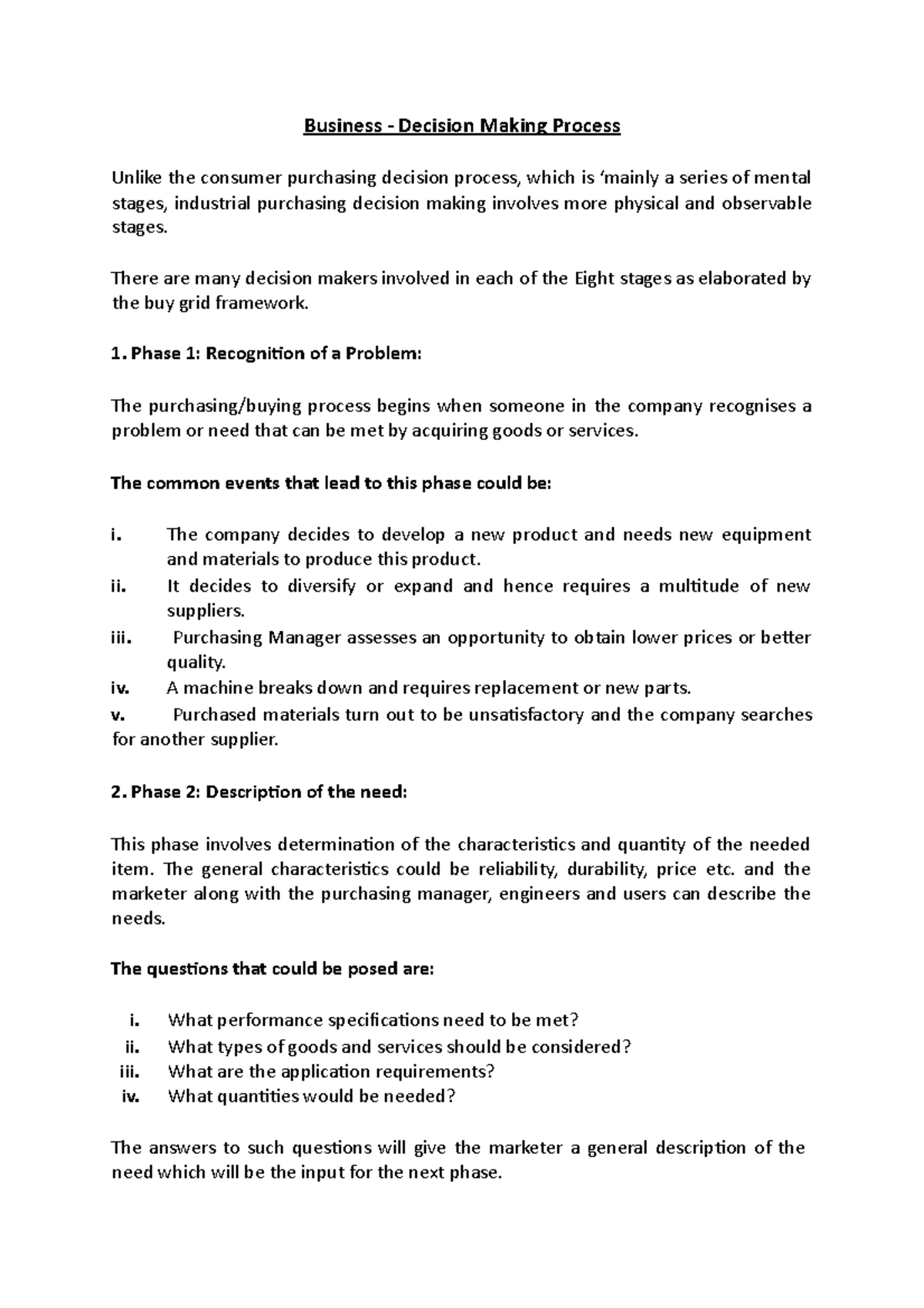 Business - Decision Making Process - BUSI1669 - GRE - Studocu