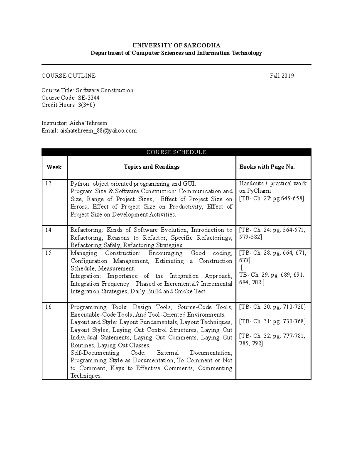 Course Outline (week 13-16) - UNIVERSITY OF SARGODHA Department of ...