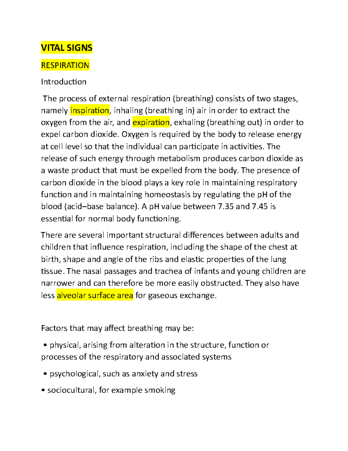 Vital Signs Notes Respirations - VITAL SIGNS RESPIRATION Introduction ...