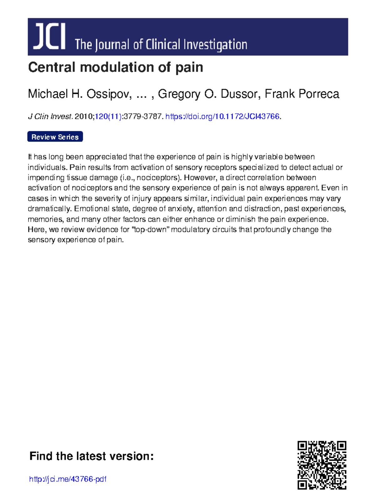 Central modulation of pain - Central modulation of pain Michael H ...