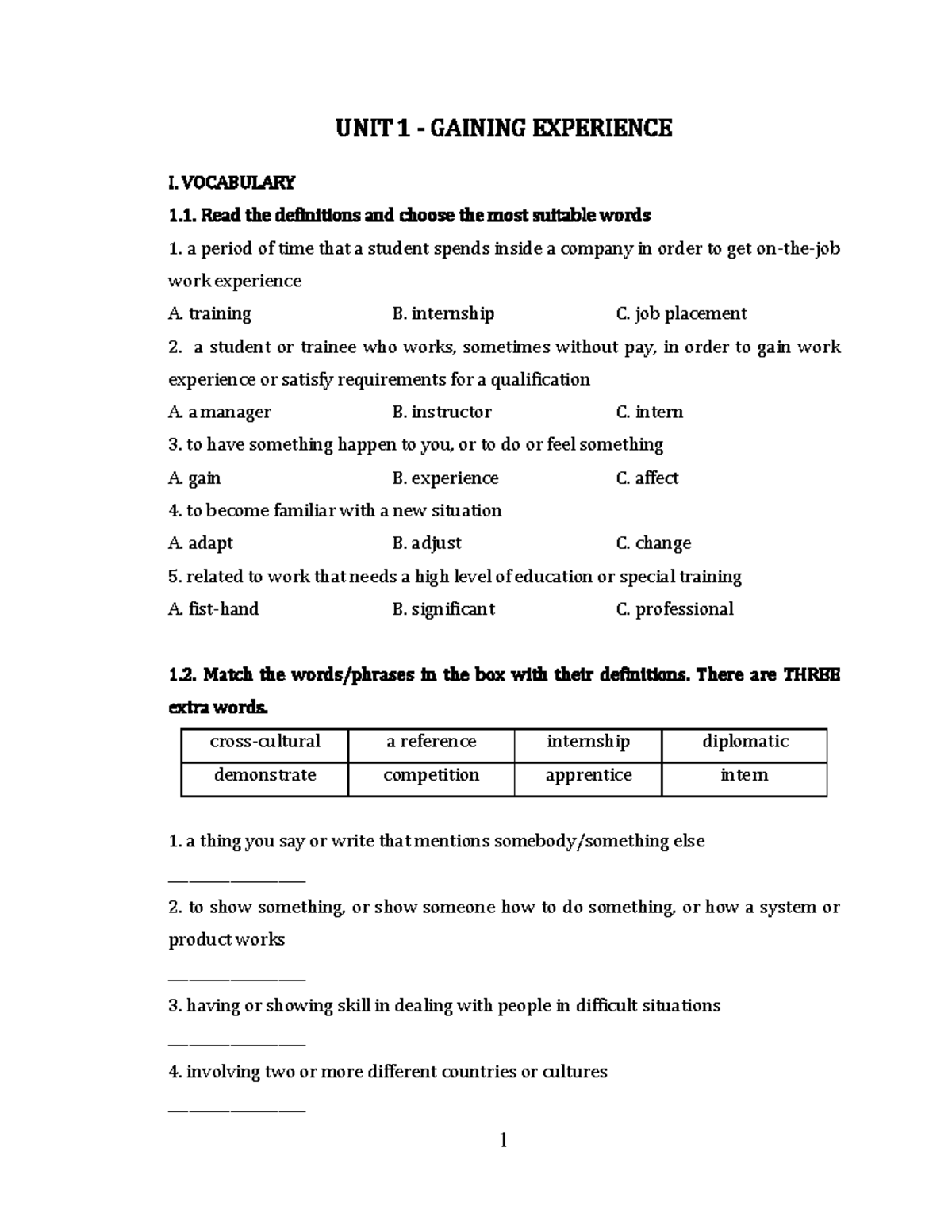 Bản sao của Extra Exercises - UNIT 1 - UNIT 1 - GAINING EXPERIENCE I ...