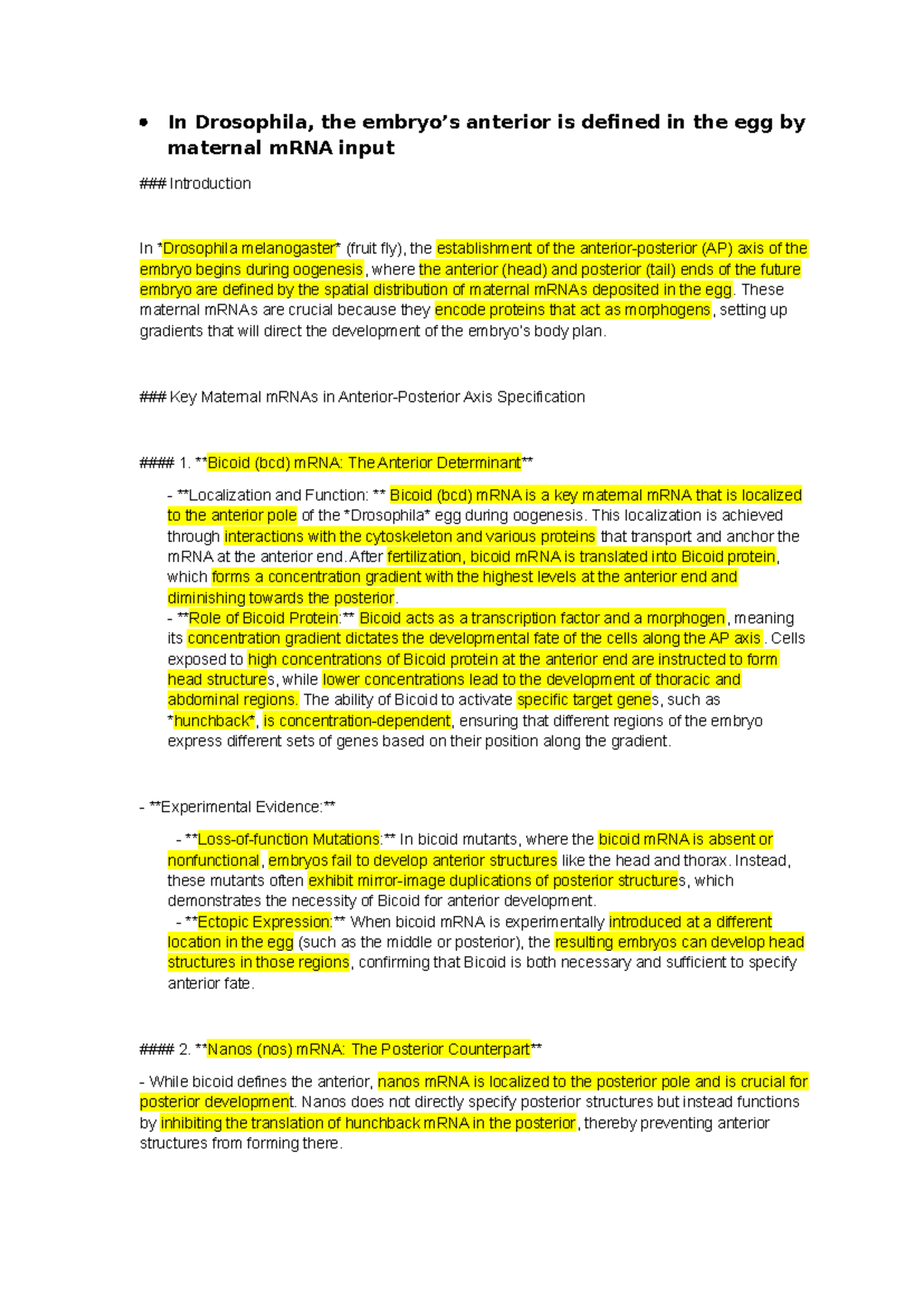 Dev bio essays - In Drosophila, the embryo’s anterior is defined in the ...