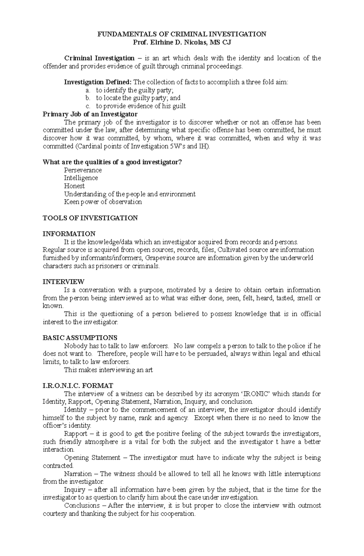 Crime detection review material - FUNDAMENTALS OF CRIMINAL ...