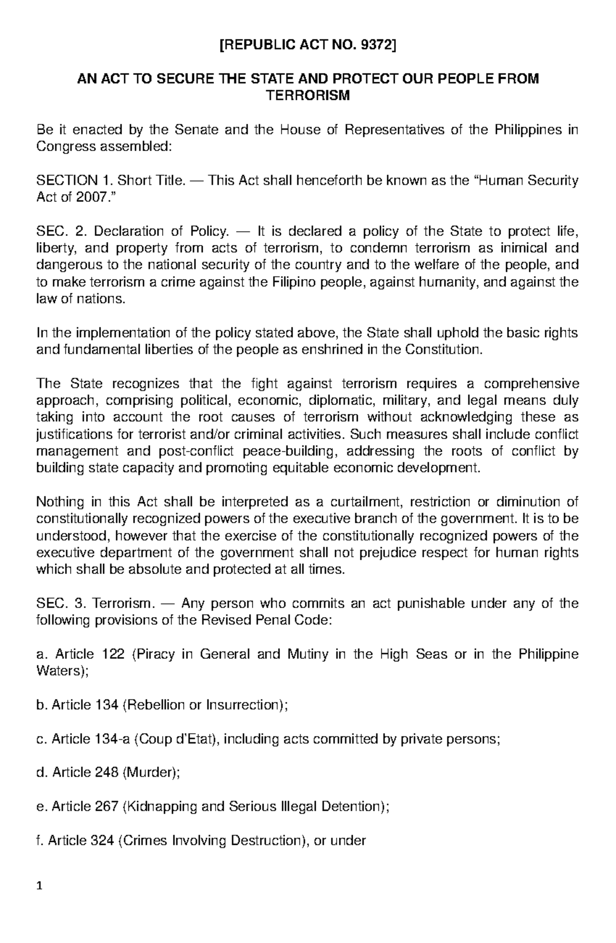 HSA of 2007 - HSA - [REPUBLIC ACT NO. 9372] AN ACT TO SECURE THE STATE ...