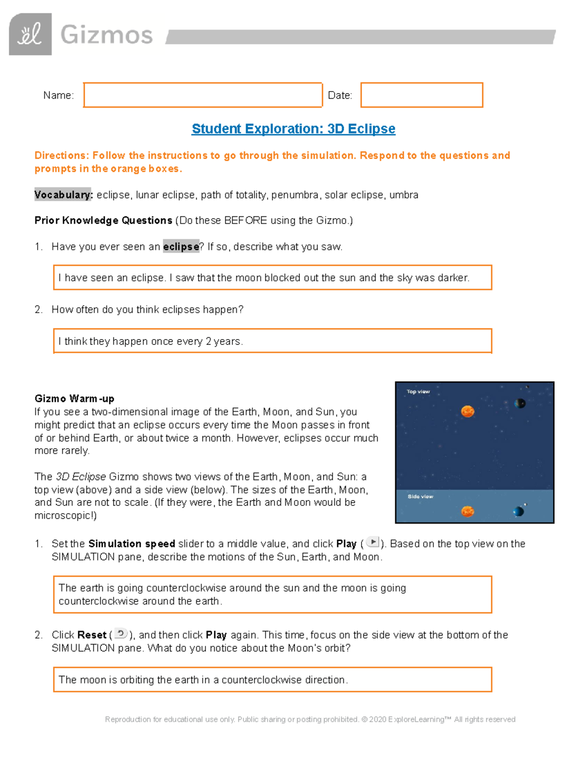 Copy of 3DEclipse SE - Name: Date: Student Exploration: 3D Eclipse ...