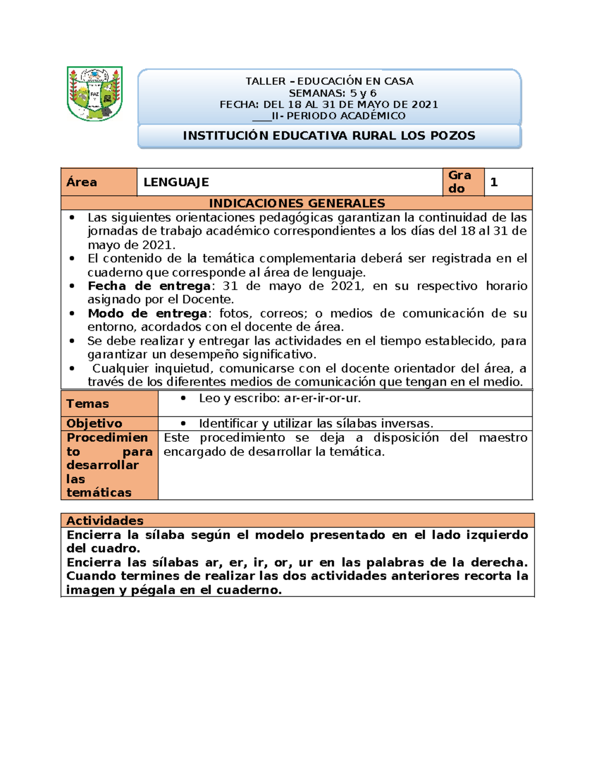 Lenguaje 1° Semanas 5 y 6 II Periodo - Área LENGUAJE Gra do 1 ...