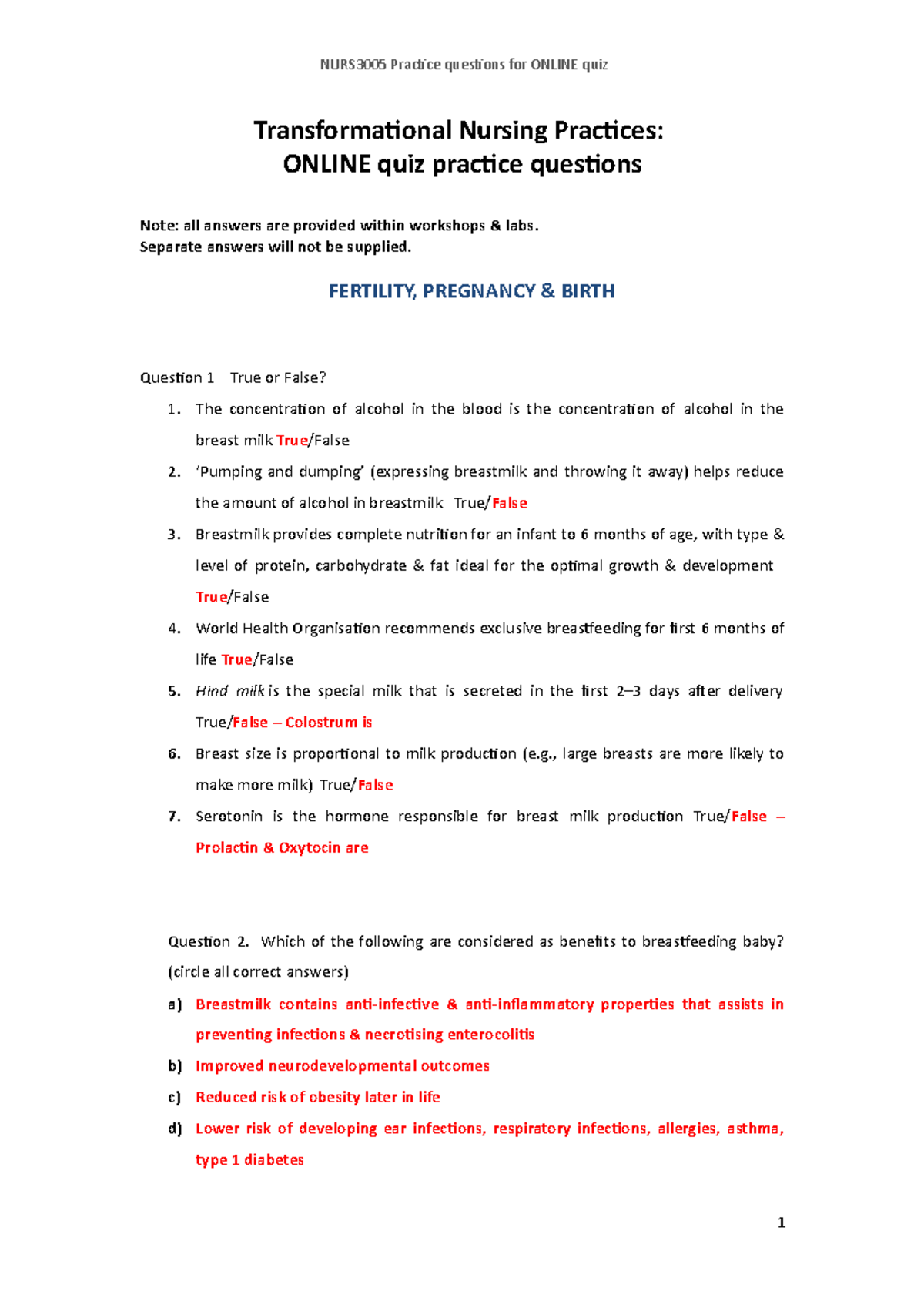 Quiz Practice Questions - Transformational Nursing Practices: ONLINE ...