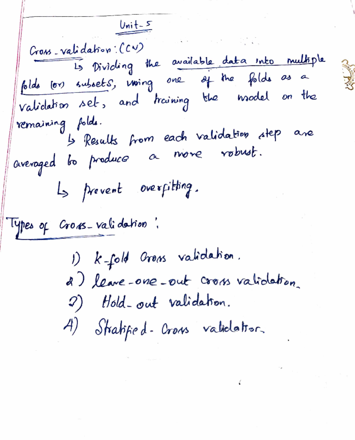 Cross validation handnotes - Cross validation: (CV) Dividing the ...