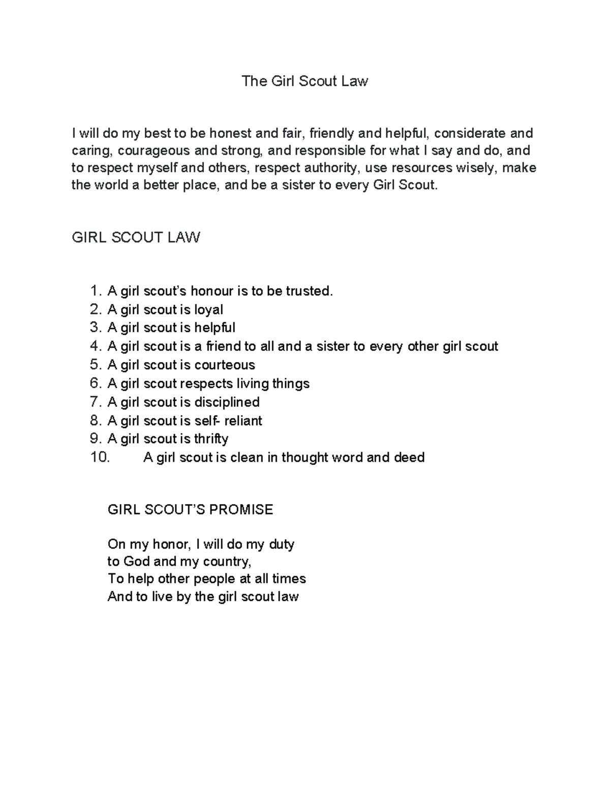 The Girl Scout Law - reference for competition backyard camping - The ...