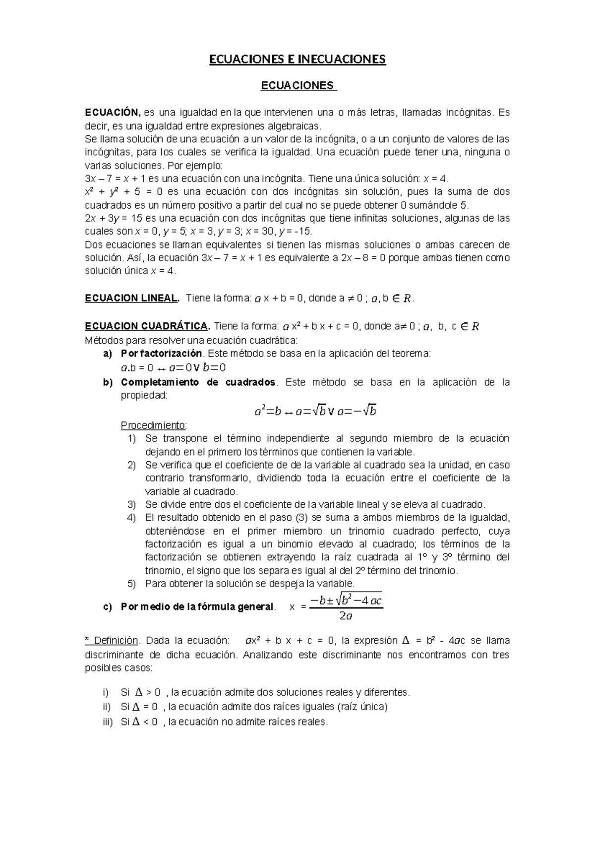 Ecuaciones E Inecuaciones - ECUACIONES E INECUACIONES ECUACIONES ...