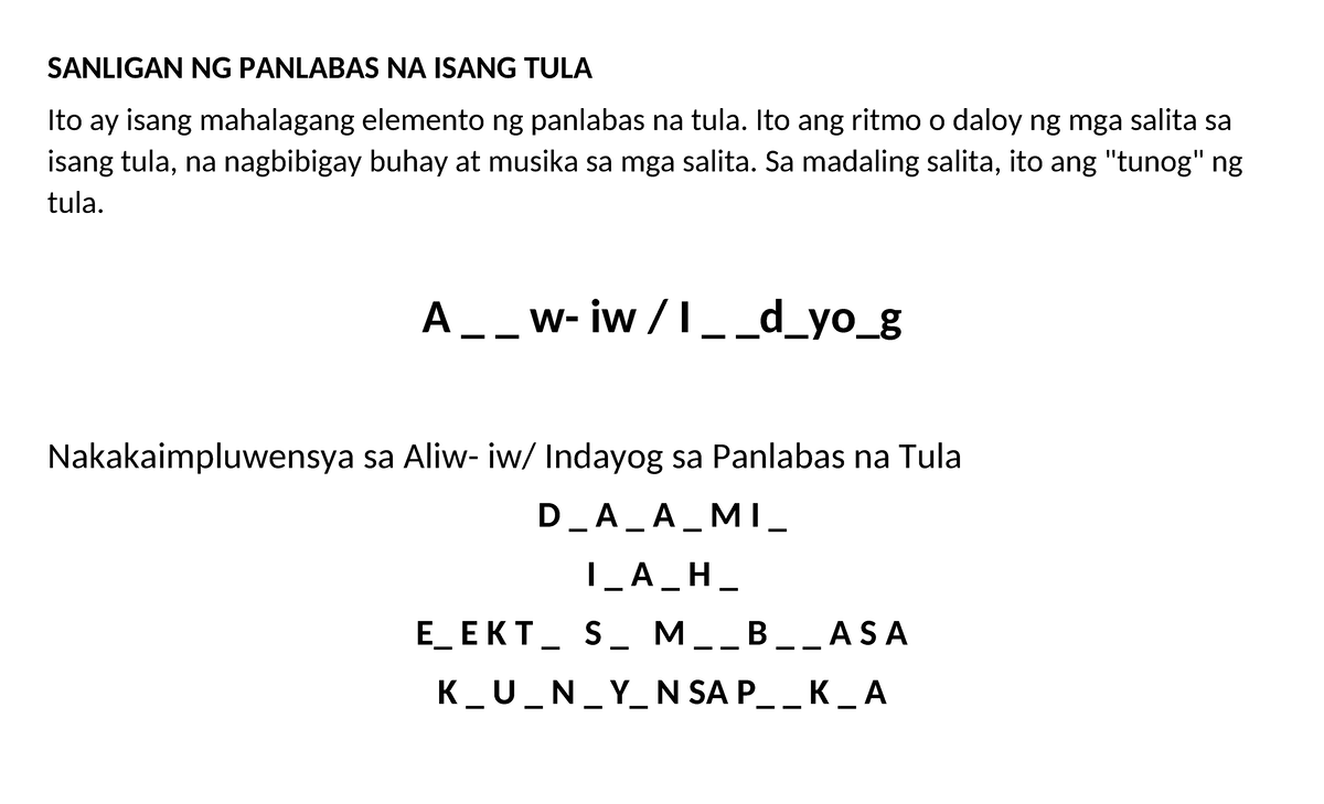QUIZ - Maikling pagsusulit - SANLIGAN NG PANLABAS NA ISANG TULA Ito ay ...