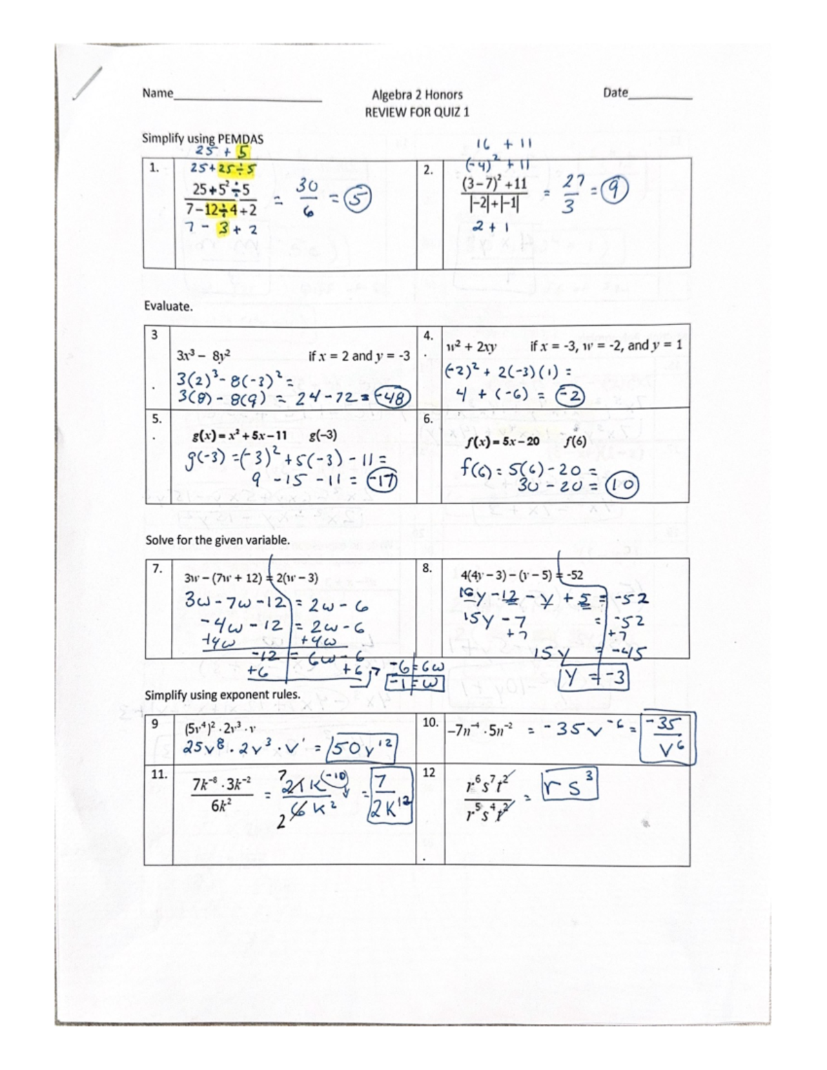 Skills quiz review with solutions - Name Algebra 2 Honors Date REVIEW ...