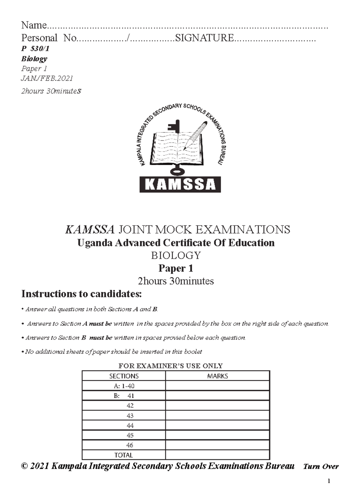 Kamsa joint mock bio1 - past paper - - Studocu