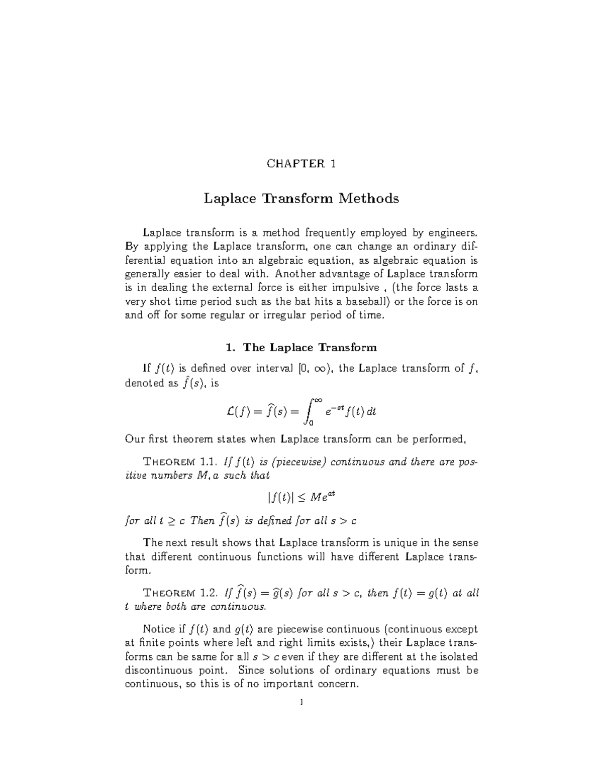 Chapter 6- laplace transform methods - CHAPTER 1 Laplace Transform Methods Laplace transform is ...