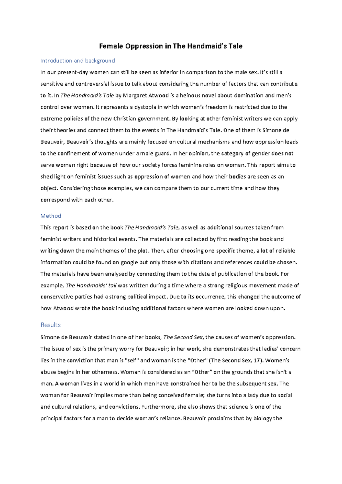 Female Oppression in The Handmaids Tale - Female Oppression in The ...