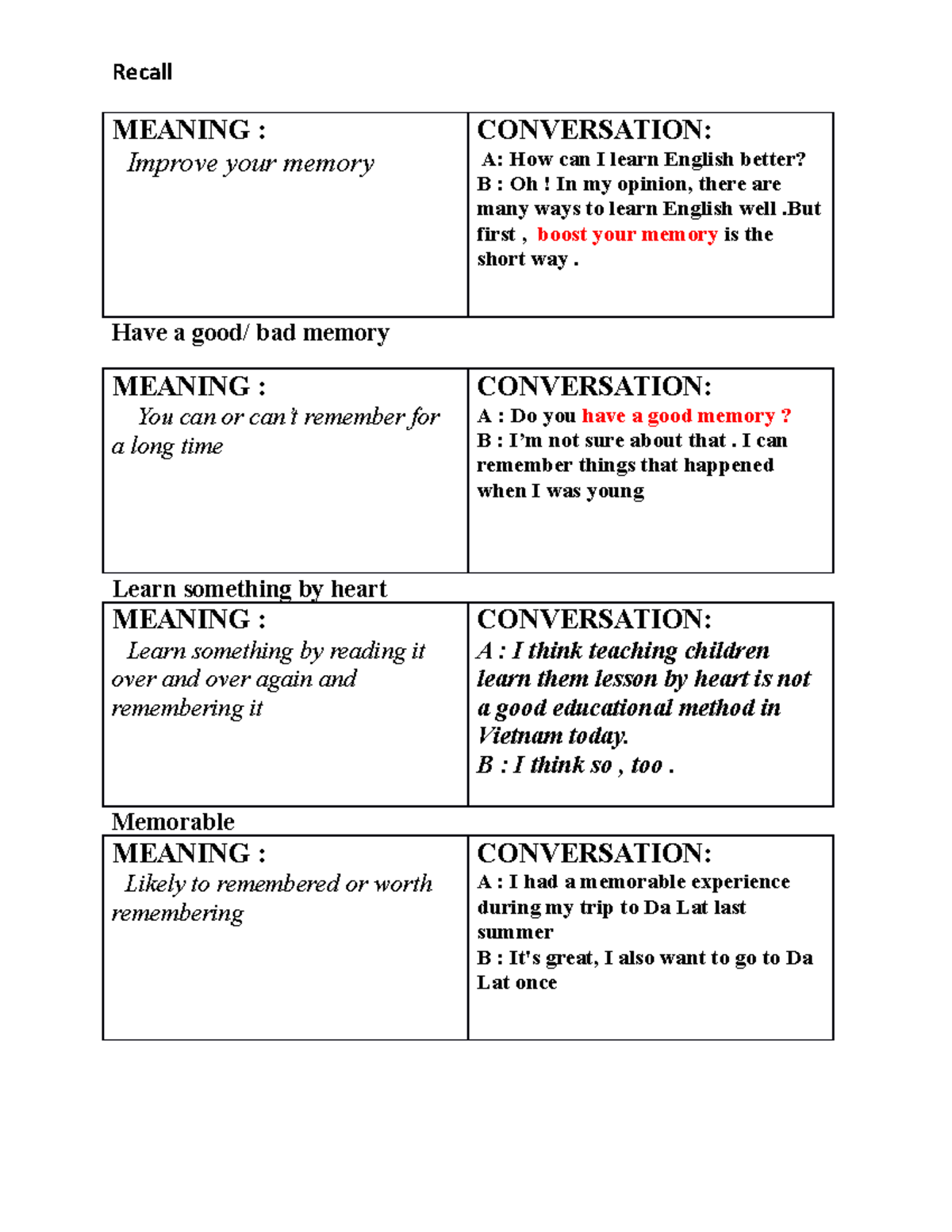 7C-TIẾNG-ANH-4 - bài tập - Recall MEANING : Improve your memory ...