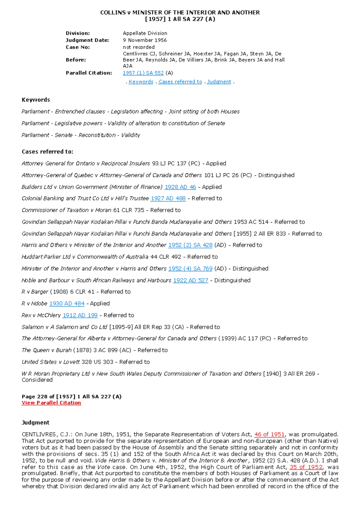Collins - COLLINS v MINISTER OF THE INTERIOR AND ANOTHER [1957] 1 All ...