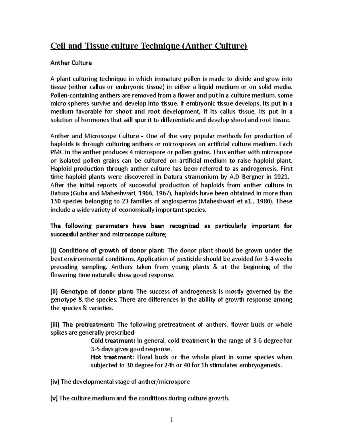 Cell and Tissue culture Technique (Anther Culture) - Pollen-containing ...
