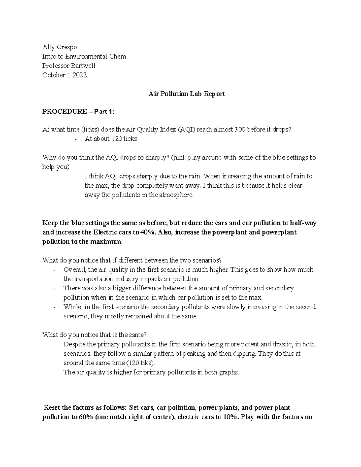 LAB 5 - Air pollution lab report Dr Bartwell - Ally Crespo Intro to ...