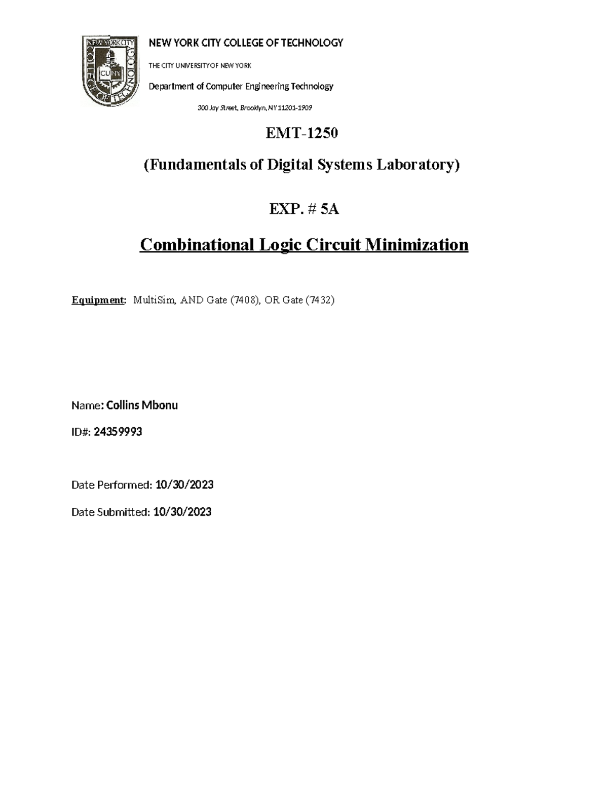 EMT-1250L - EXP #5A - Combinational Logic Circuit Minimization - NEW YORK CITY COLLEGE OF ...