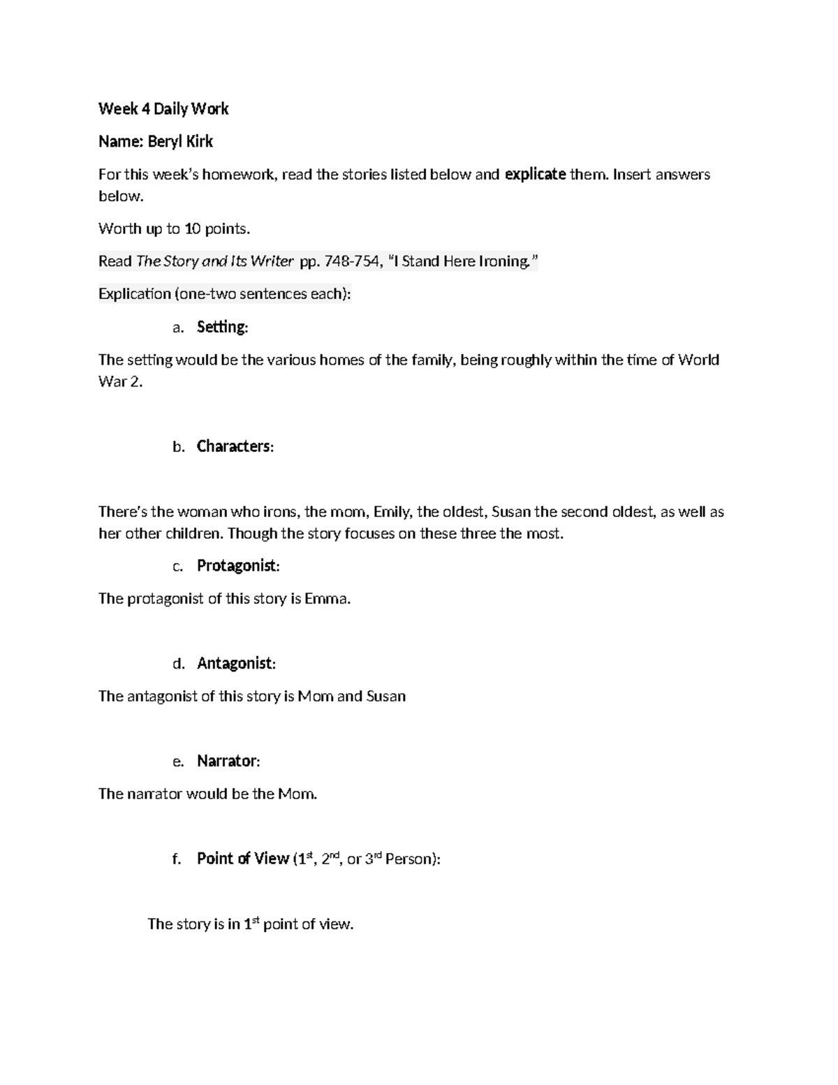 Week 4 Homework - ...................... - Week 4 Daily Work Name ...