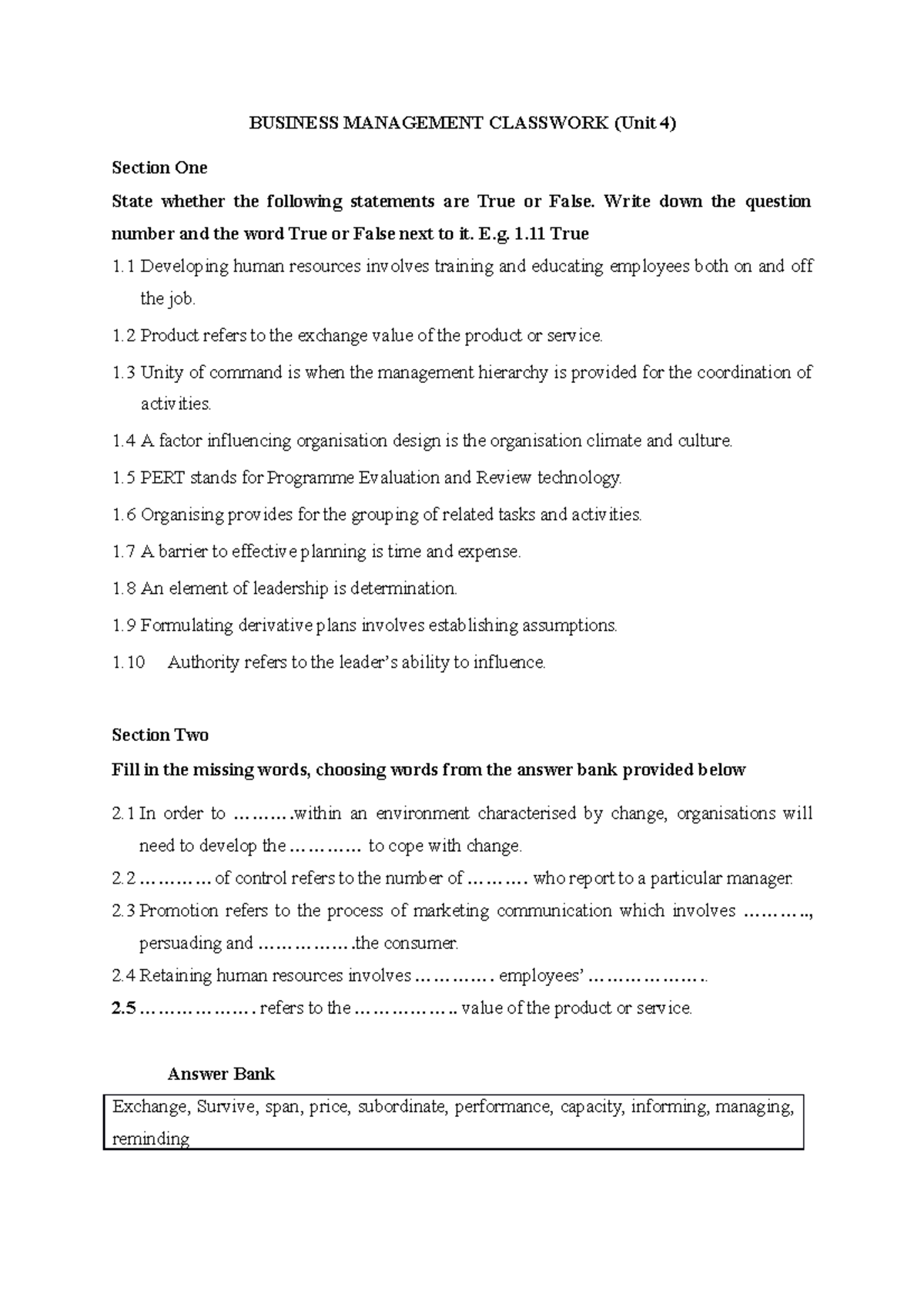 Intro to BMG Classwork Unit 4 Questions - BUSINESS MANAGEMENT CLASSWORK (Unit 4) Section One ...