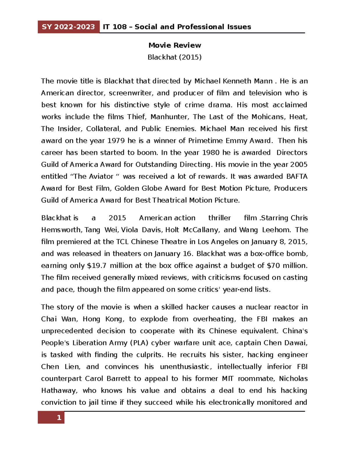 Black Hat 2015 (movie review) - SY 2022-2023 IT 108 – Social and ...