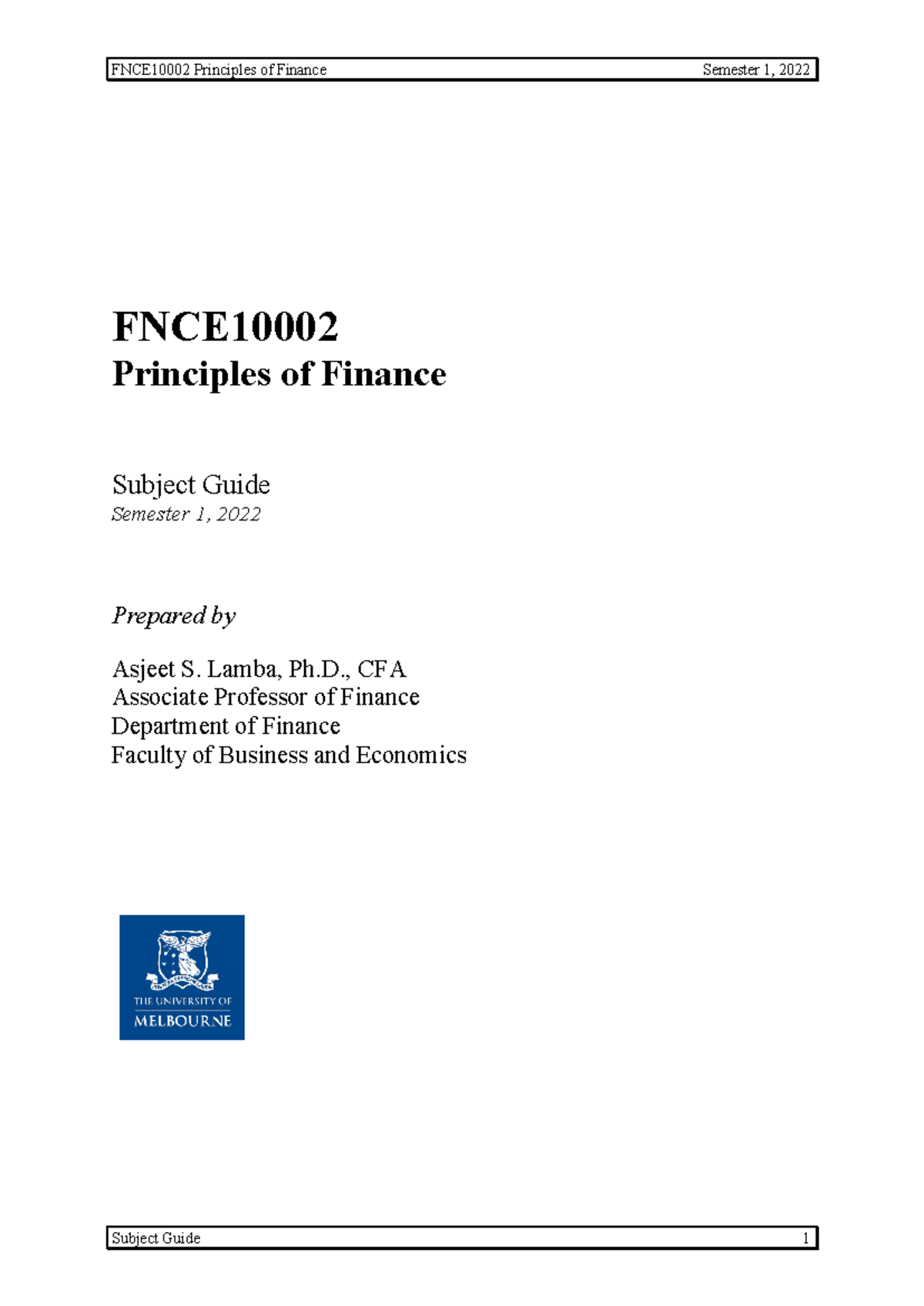 Subject Guide - FNCE Principles of Finance Subject Guide Semester 1 ...