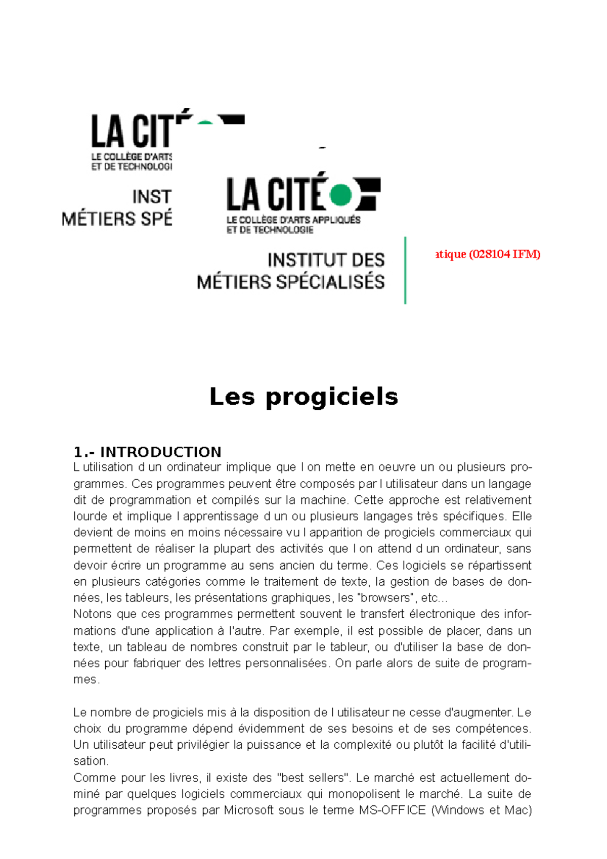 (028104 IFM Introduction À L'Informatique - Introduction À L ...